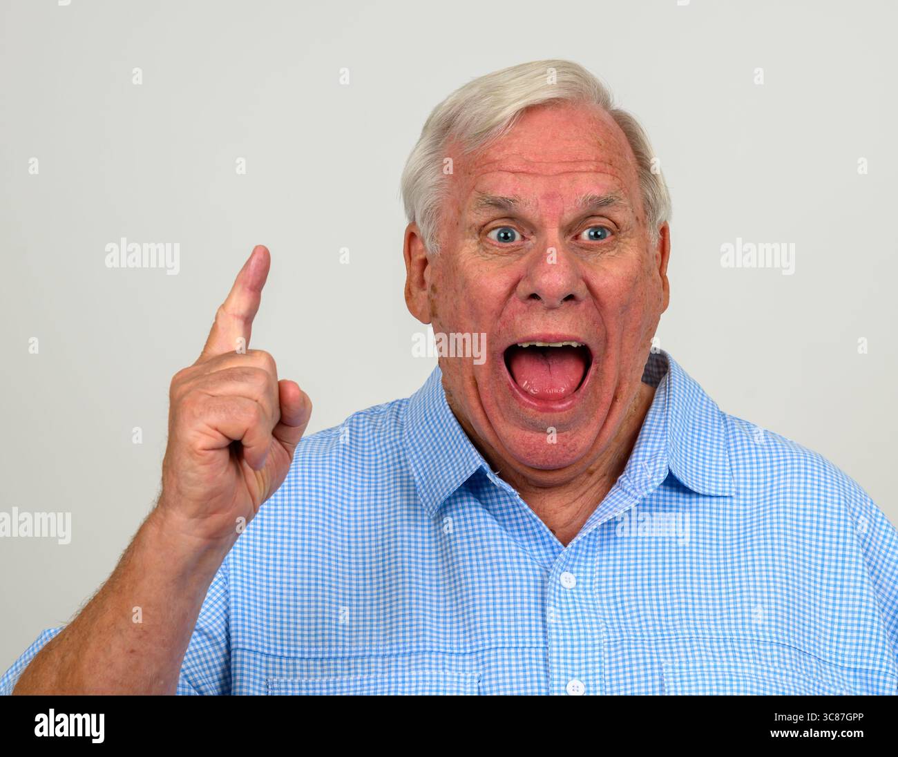 Older man wearing blue and white checkered shirt cheering with look of ...
