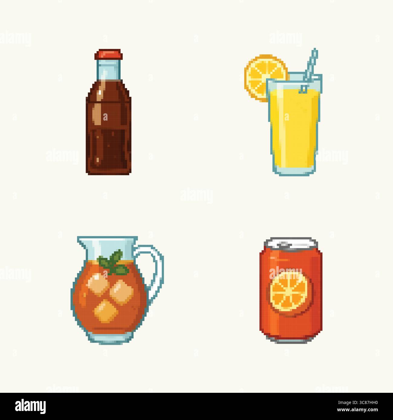 Top-center illustration depicting four pixel art drinks: a brown glass ...
