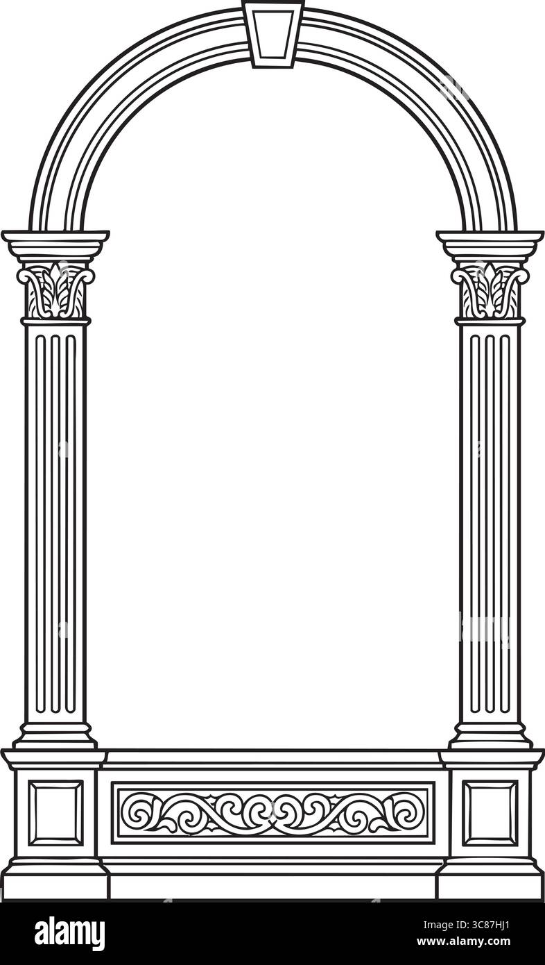 A black and white line art illustration of a classical stone archway ...