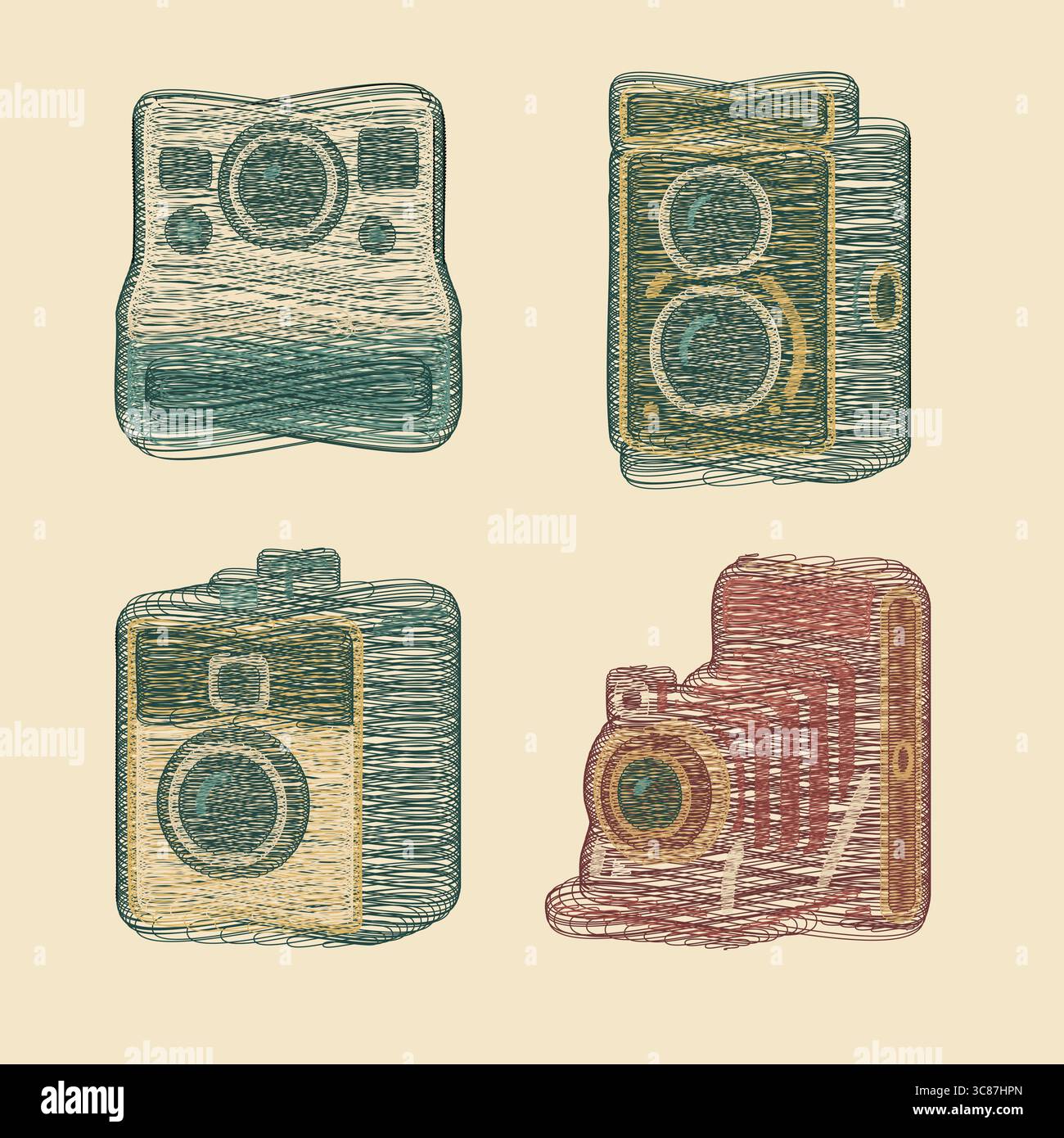A beige-toned vector illustration featuring four distinct vintage ...