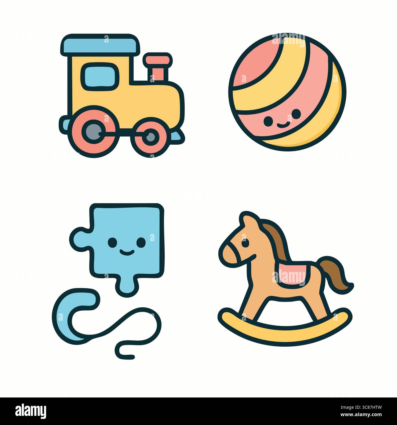 A flat cartoon icon composition featuring a toy train, a puzzle piece ...