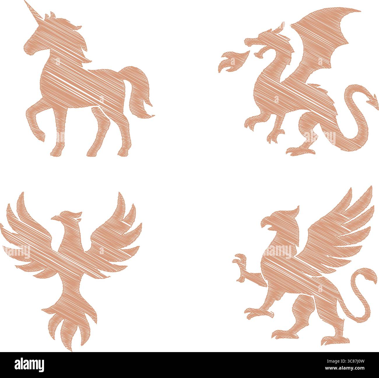Four peach-colored silhouettes representing mythological creatures: a ...