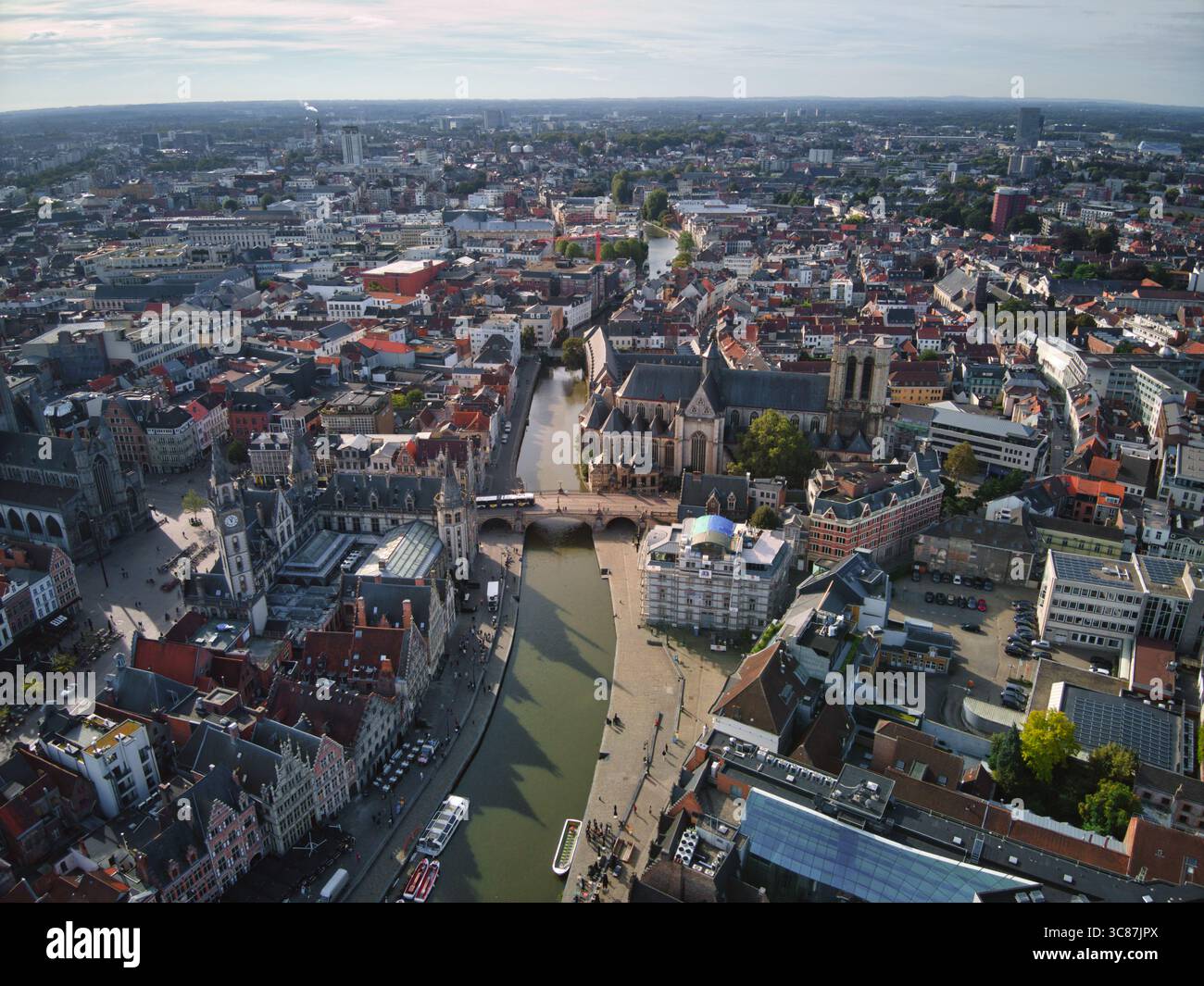 Aerial view of the Graslei and Korenlei along the Leie river, with the ...