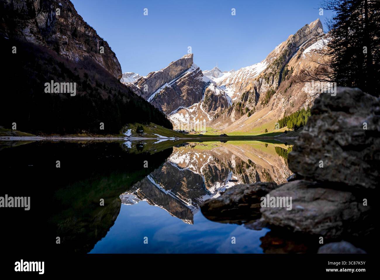 Beautiful mountain lake Seealpsee in the Alpstein region of canton ...