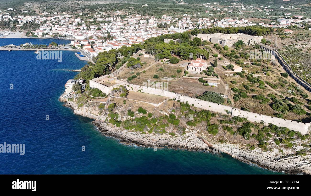 Aerial view of Neokastro Fortress with Pylos town and coastline ...