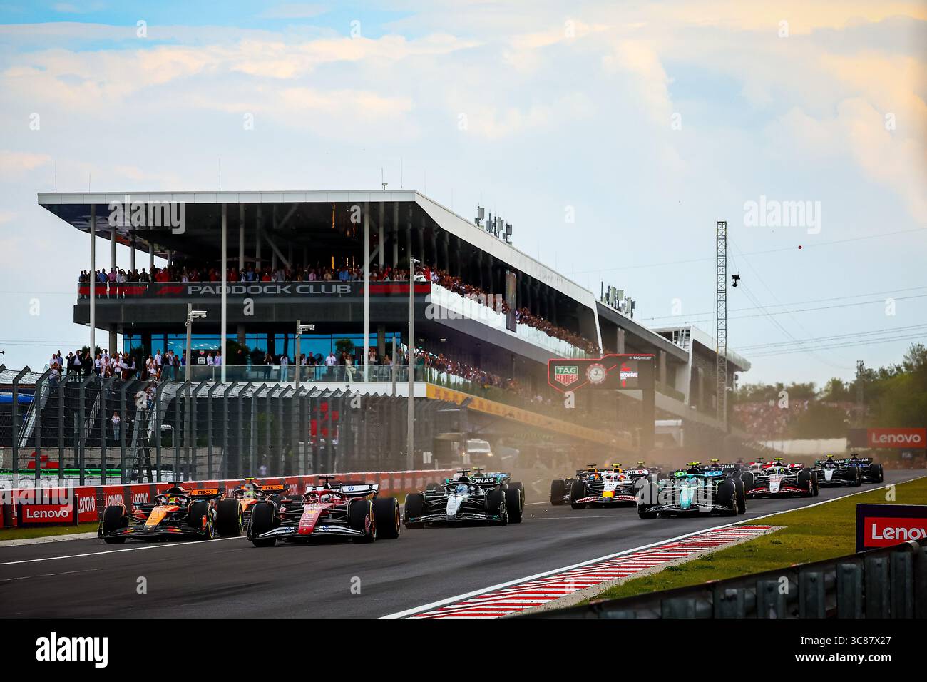 Start of the race, Leclerc on pole aheah of Oscar Piastri during the Hungarian GP, Budapest 31 ...