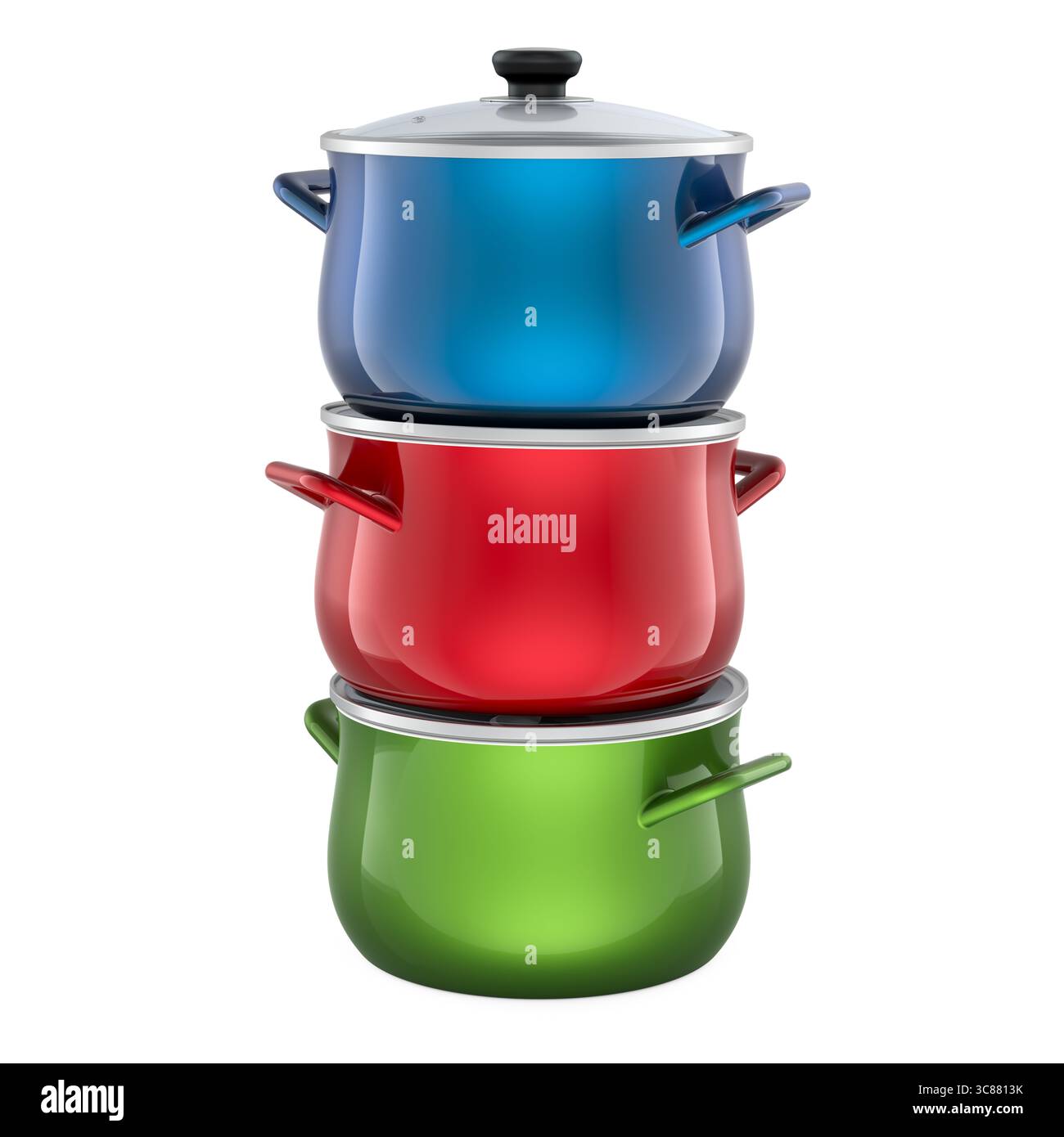 Stack of colorful cooking pots. Blue, red and green glossy cookware. 3D rendering isolated on ...