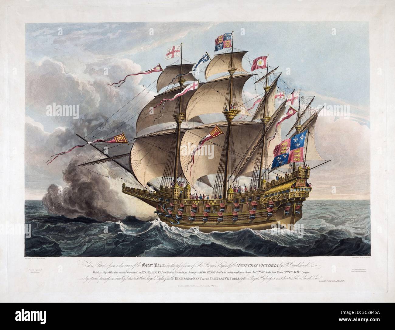 Hand coloured Aquatint print of The Great Harry the first ship of war ...