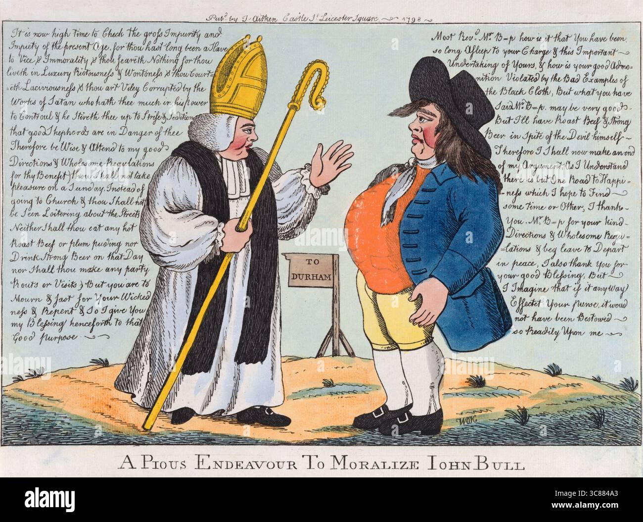 A humorous cartoon print of a Pious endeavour to moralize John Bull ...
