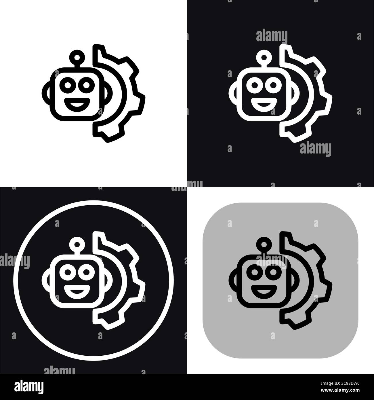This vector icon depicts a friendly robot integrated with a gear ...