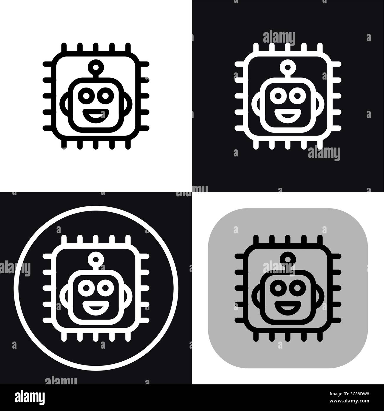 This versatile icon depicts a smiling robot integrated into a microchip ...