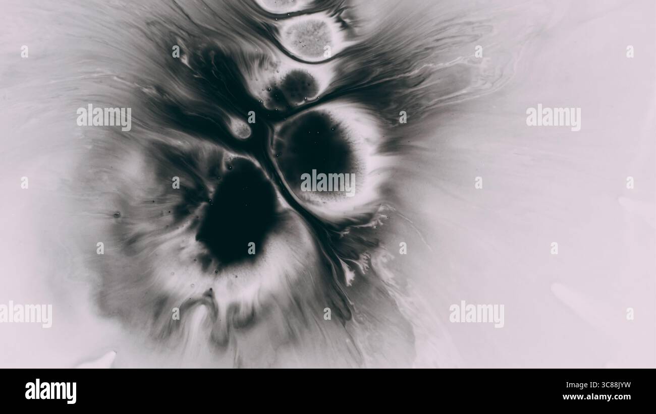 Ink blot. Splatter water. Defocused dark black white flowing chemical ...