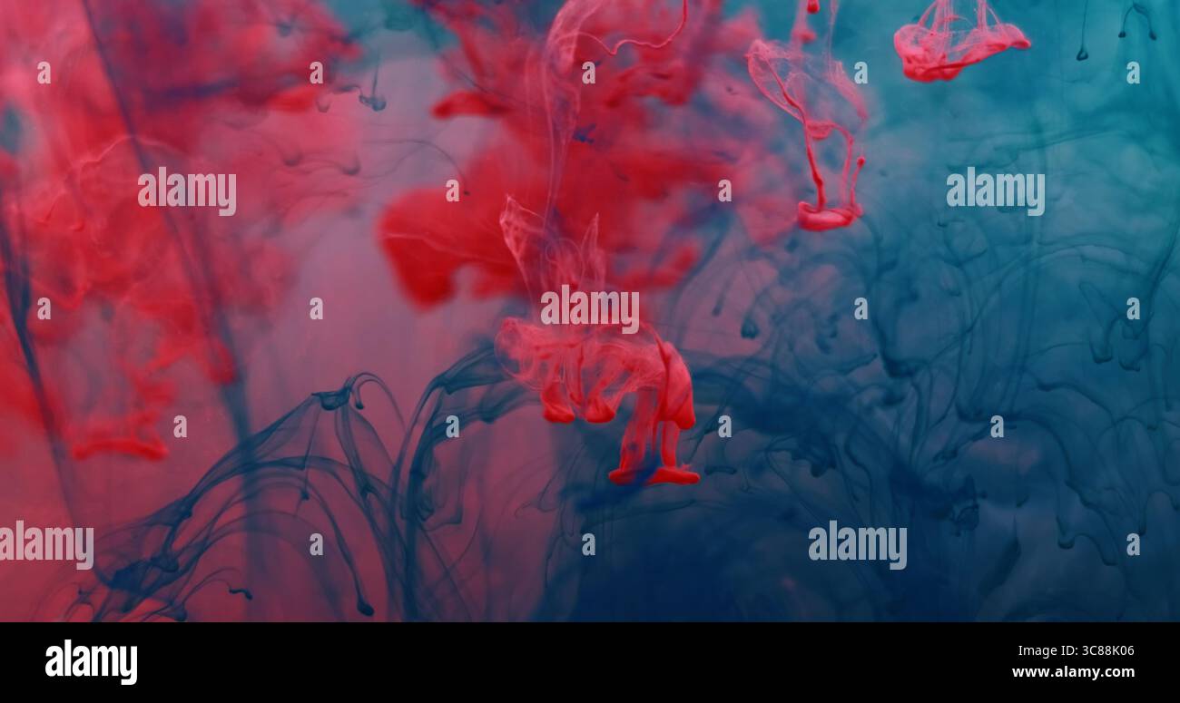 Ink shot. Smoke swirl. Red turquoise pigment dripping color water blur ...