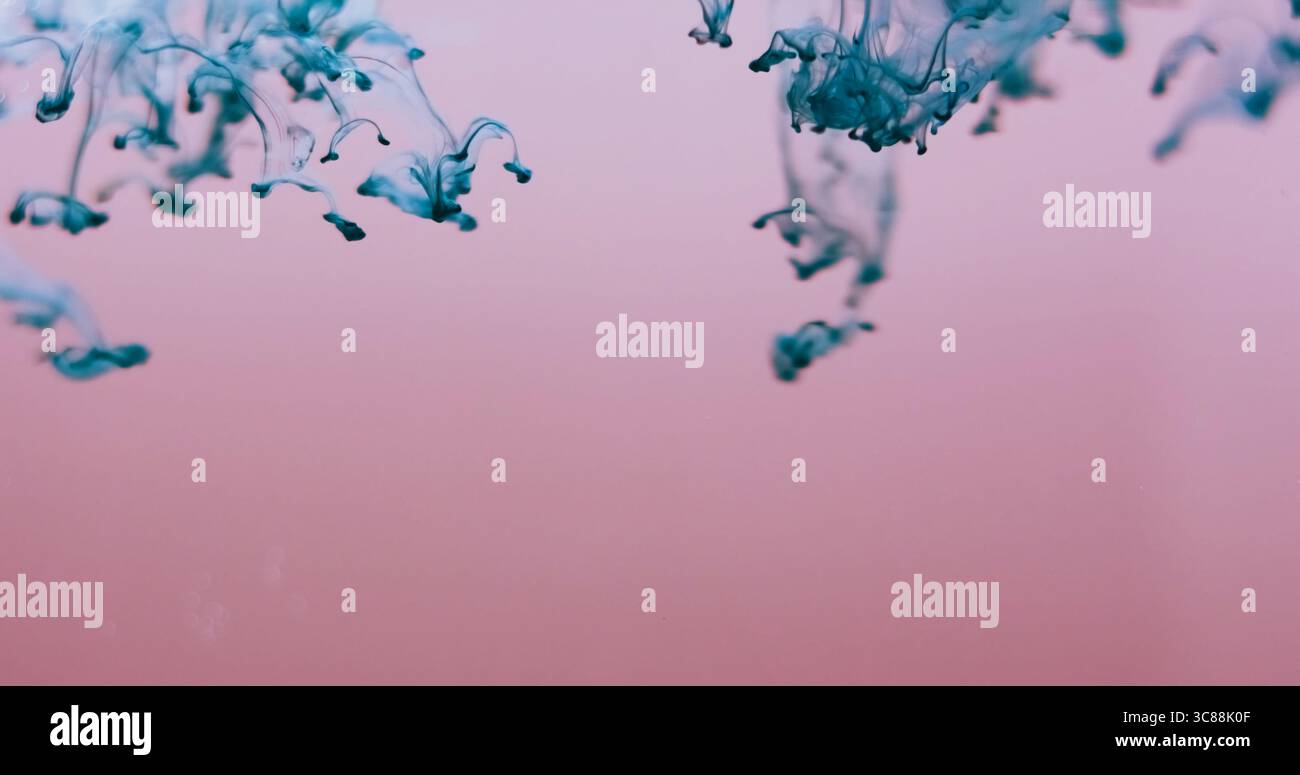 Blur color drip. Smoke splash. Turquoise blue dye blobs in defocused ...