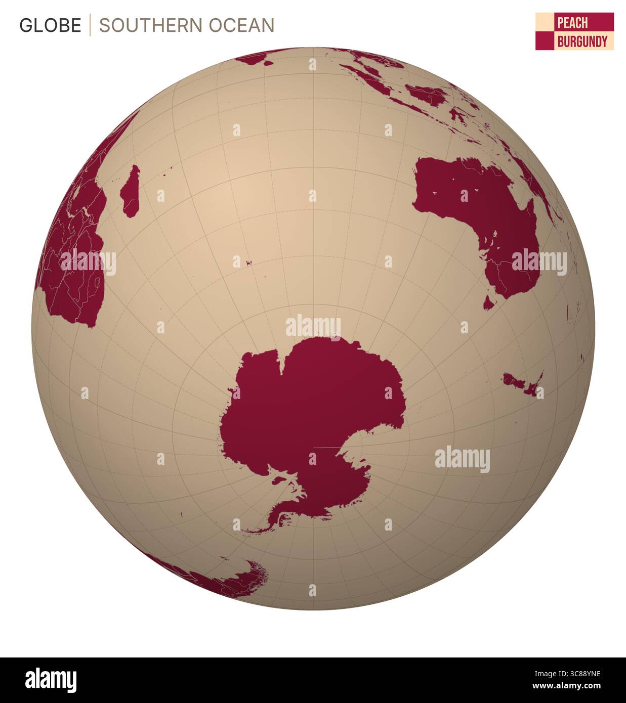 Vector globe centered on the Southern Ocean. Peach and Burgundy palette ...