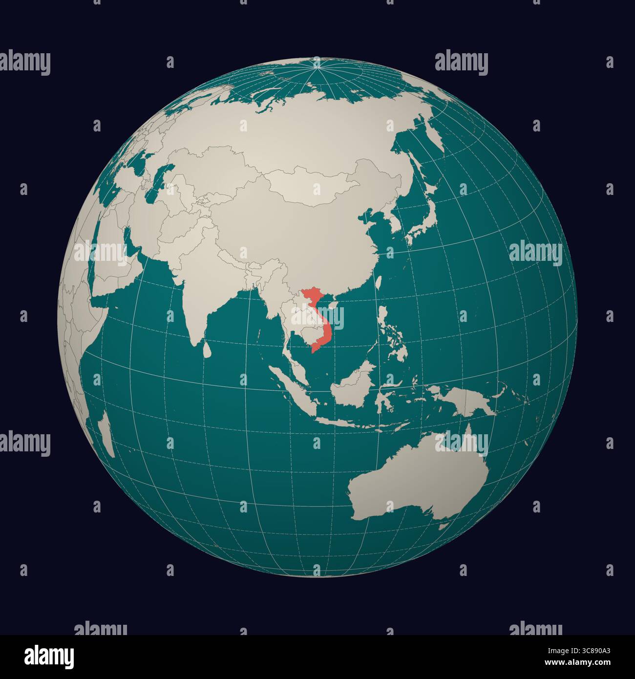 Vietnam on the map. Globe centered on Vietnam. Country location on the ...