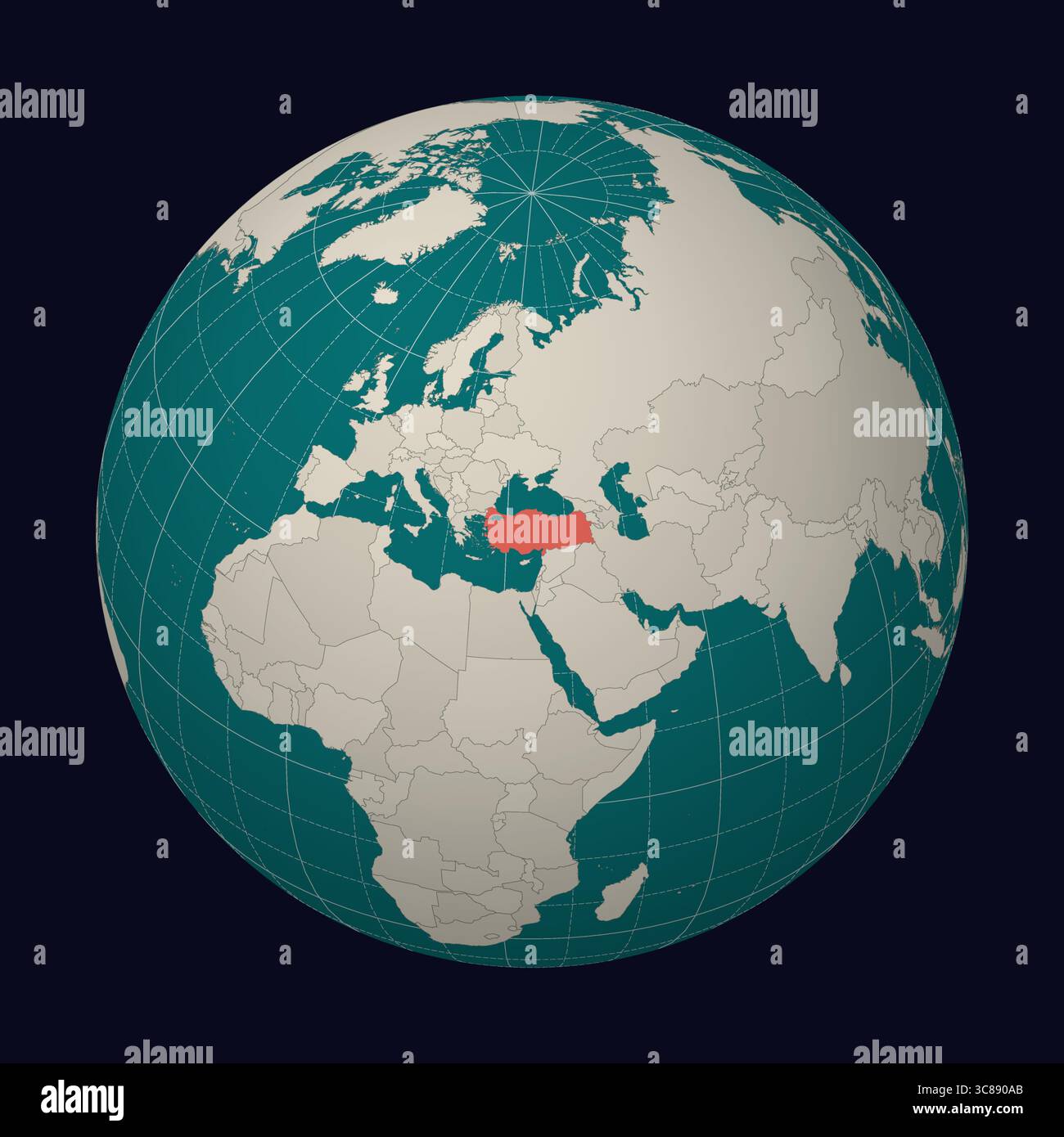 Turkey on the map. Globe centered on Turkey. Country location on the ...