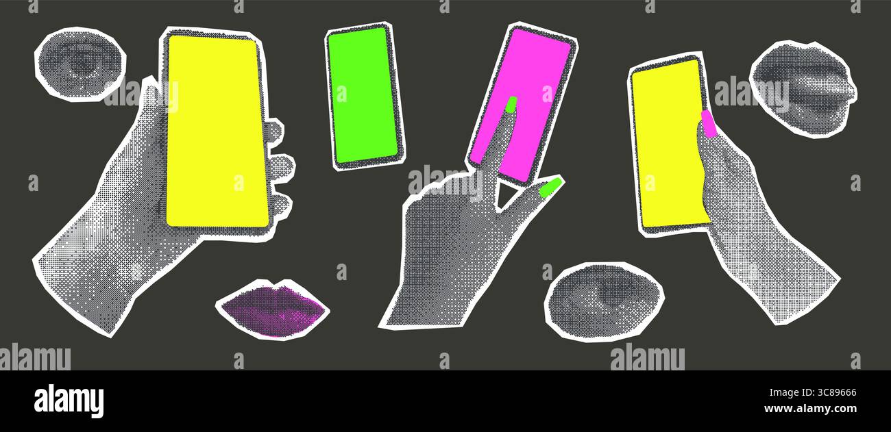 Halftone hands holding phones, eyes, lips collage set. Cutout mobiles ...