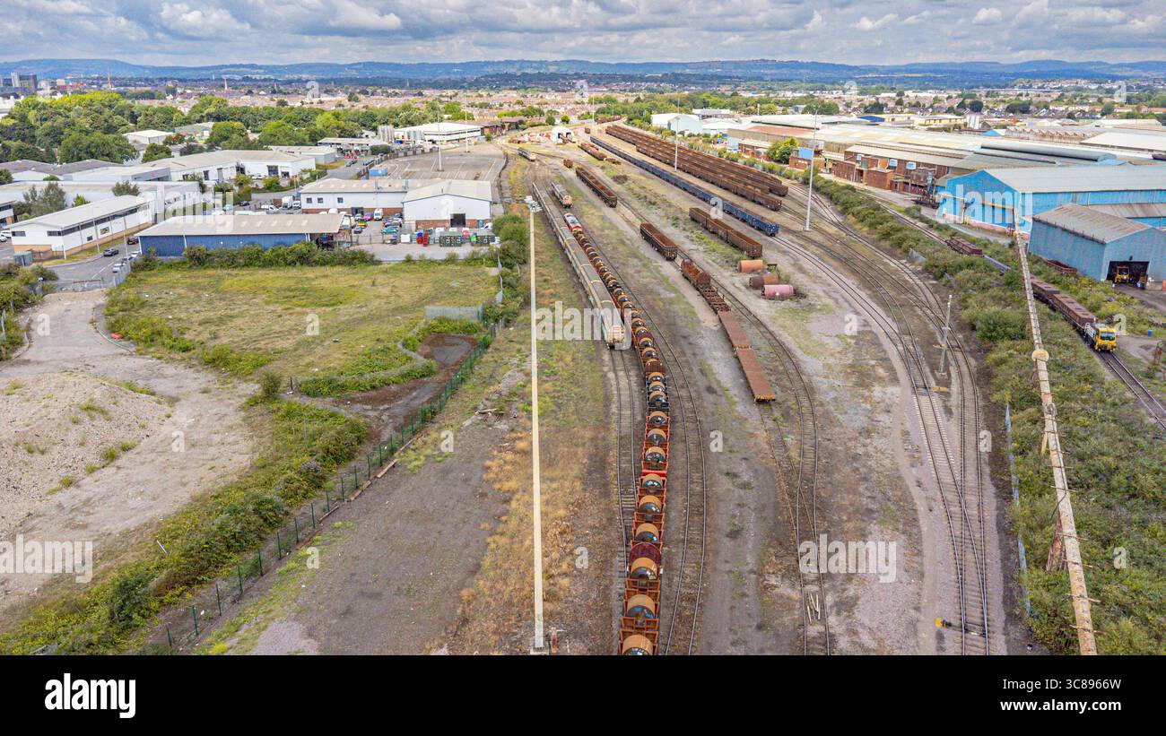 Aerial drone view of Rover Way, Tremorfa, Cardiff, showing Celsa ...