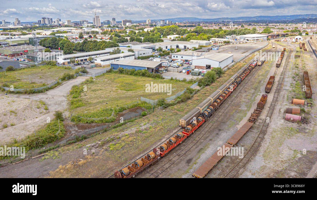 Aerial drone view of Rover Way, Tremorfa, Cardiff, showing Celsa ...