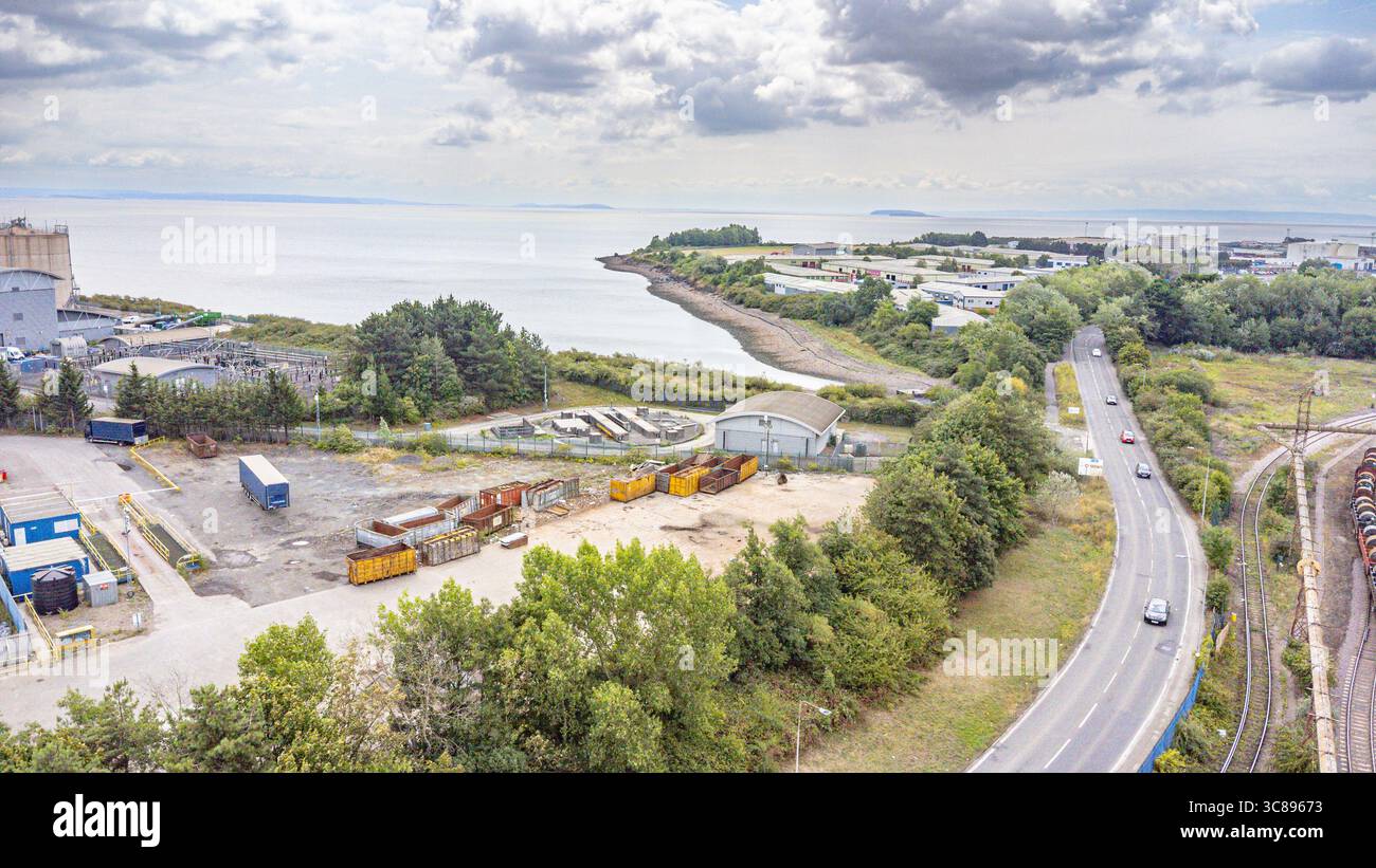 Aerial drone view of Rover Way, Tremorfa, Cardiff, showing Celsa ...
