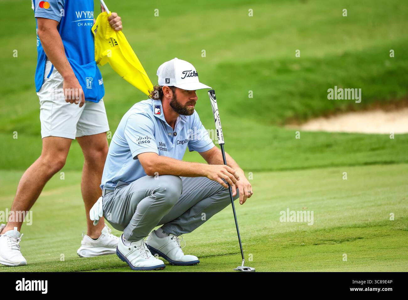 August 3, 2025: Cameron Young lining up hole. Fourth round, 2025 Wyndham Championship ...