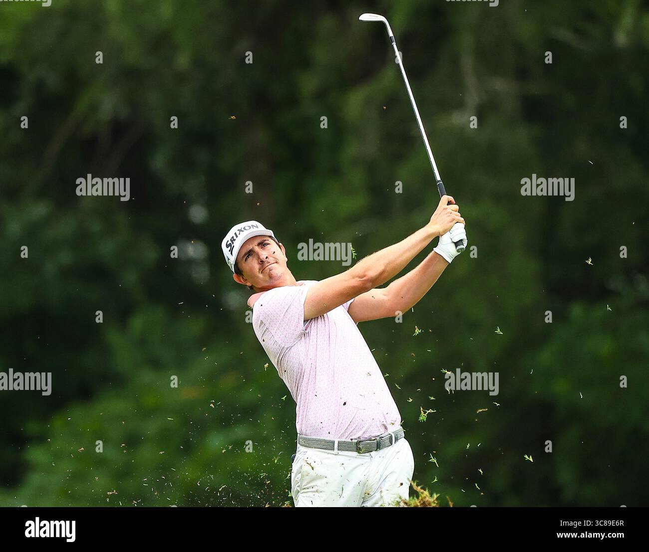 August 3, 2025: Nico Echavarria hitting ball on second hole.Fourth round, 2025 Wyndham ...