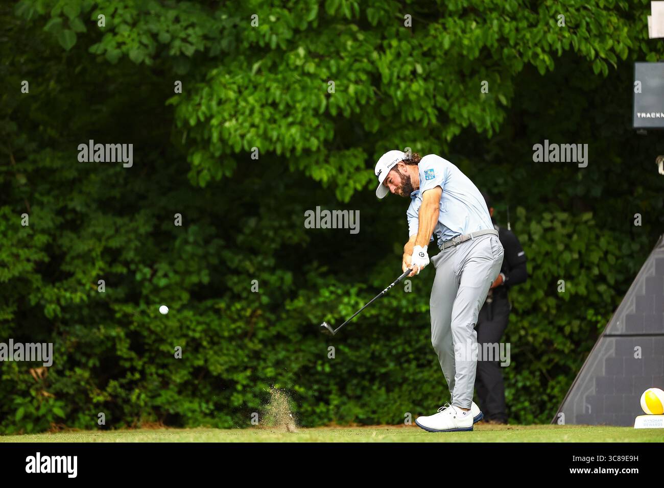 August 3, 2025: Cameron Young teeing off second hole. Fourth round, 2025 Wyndham Championship ...