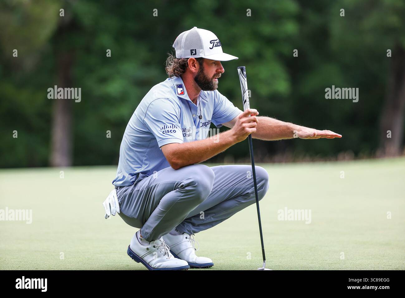 August 3, 2025: Cameron Young measuring hole. Fourth round, 2025 Wyndham Championship ...