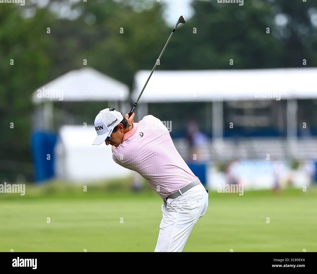 August 3, 2025: Nico Echavarria winds up. Fourth round, 2025 Wyndham Championship, Sedgefield ...