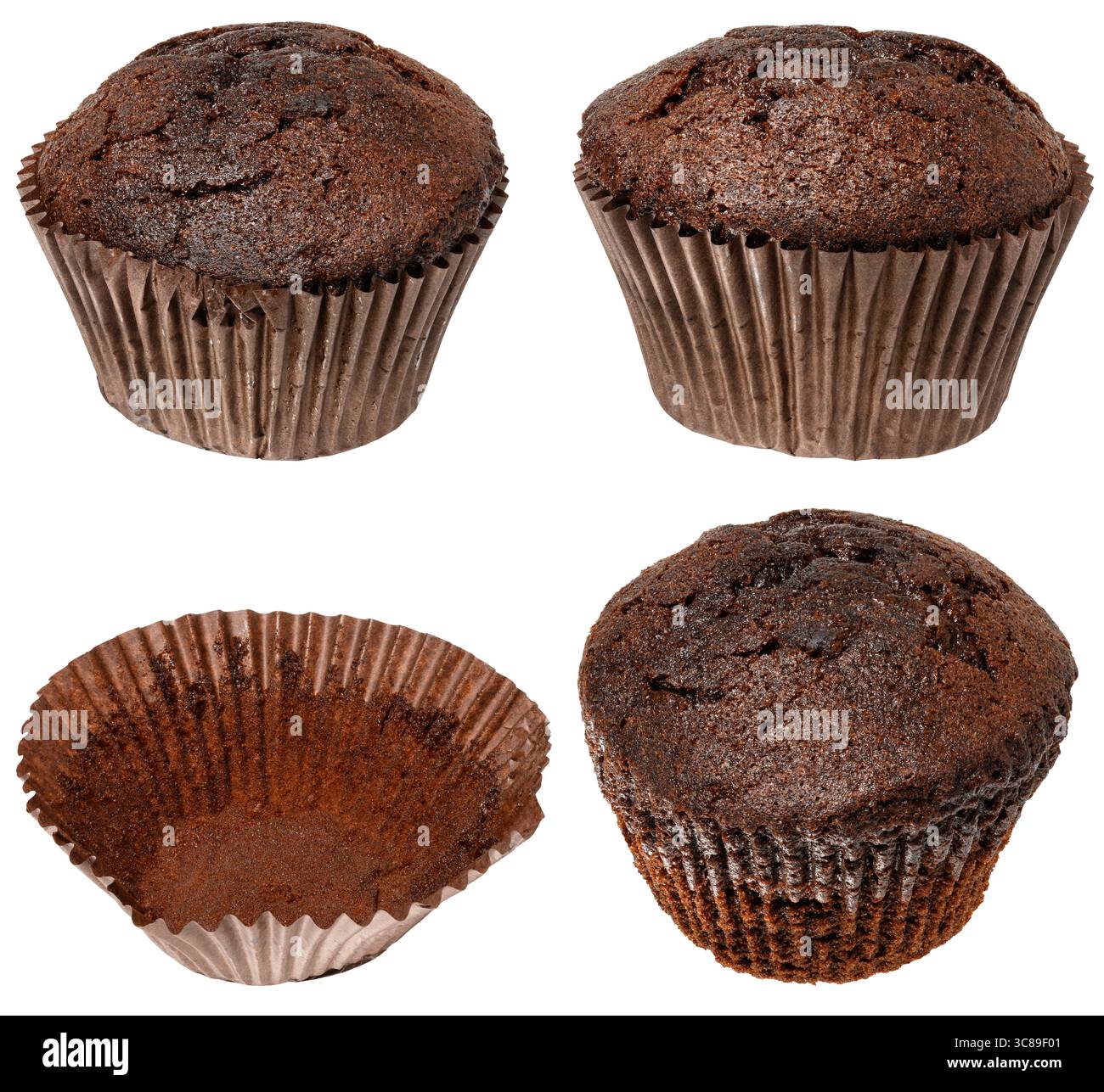 Collage of three chocolate muffins in paper cups and one empty paper ...