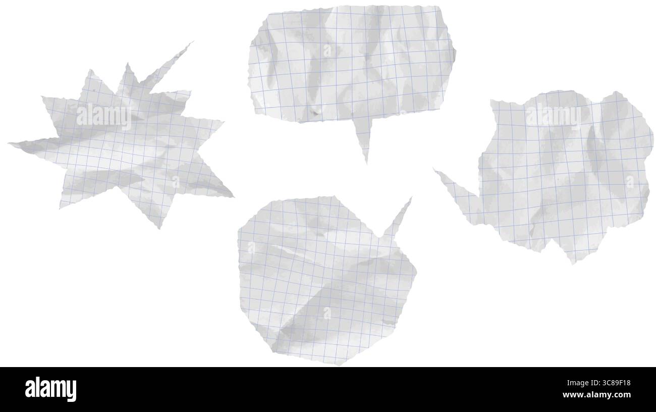 Wrinkled and crumpled torn paper speech balloons with square grid ...