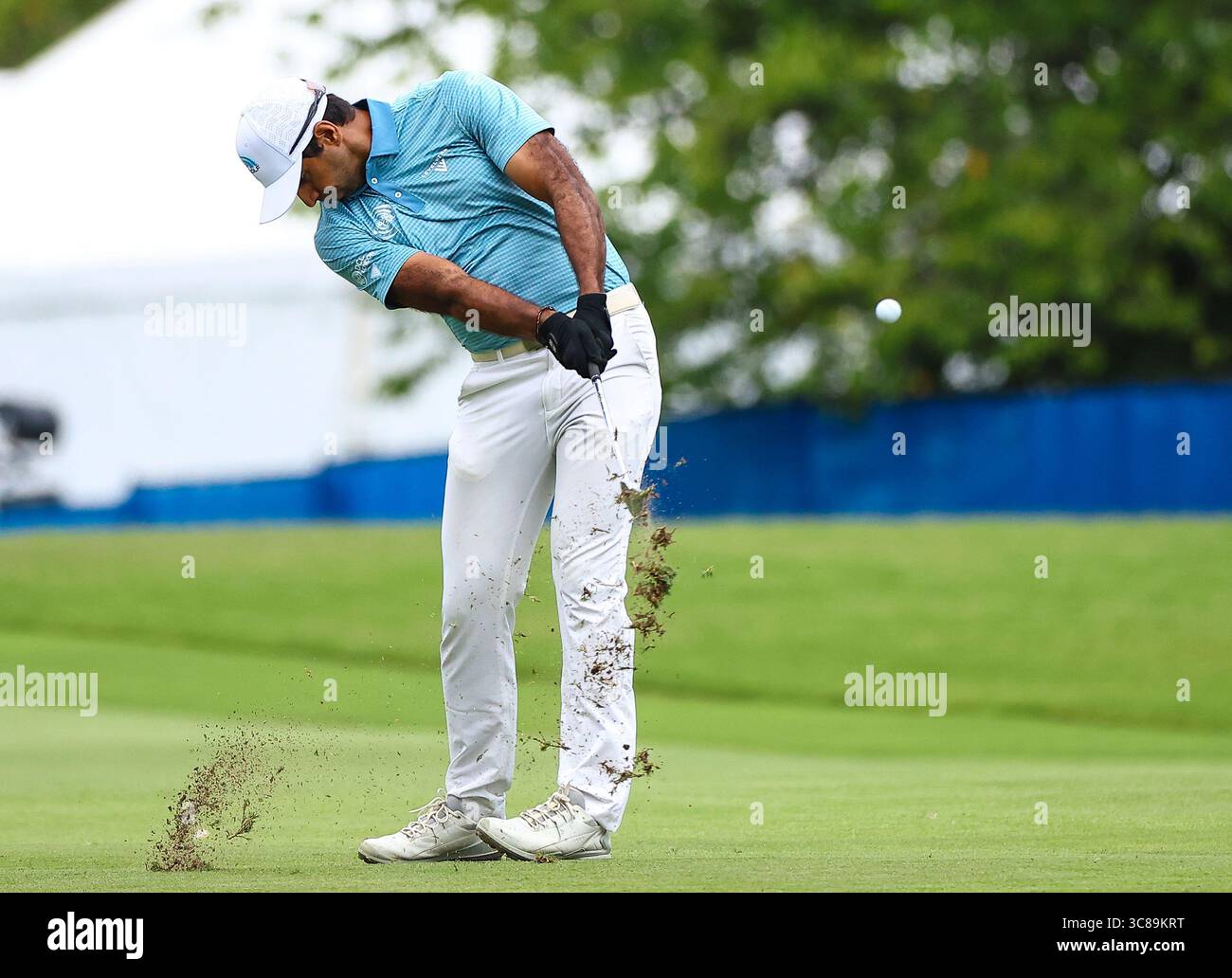 August 3, 2025: Aaron Rai hits the ball on the first hole. Fourth round ...