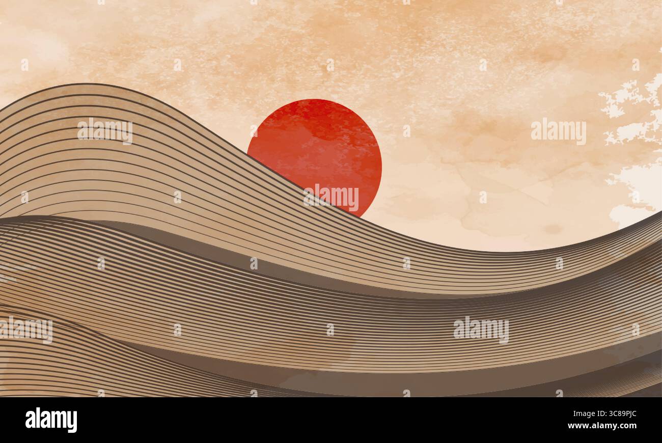 Mountain hill and texture background, Japanese landscape, line art ...
