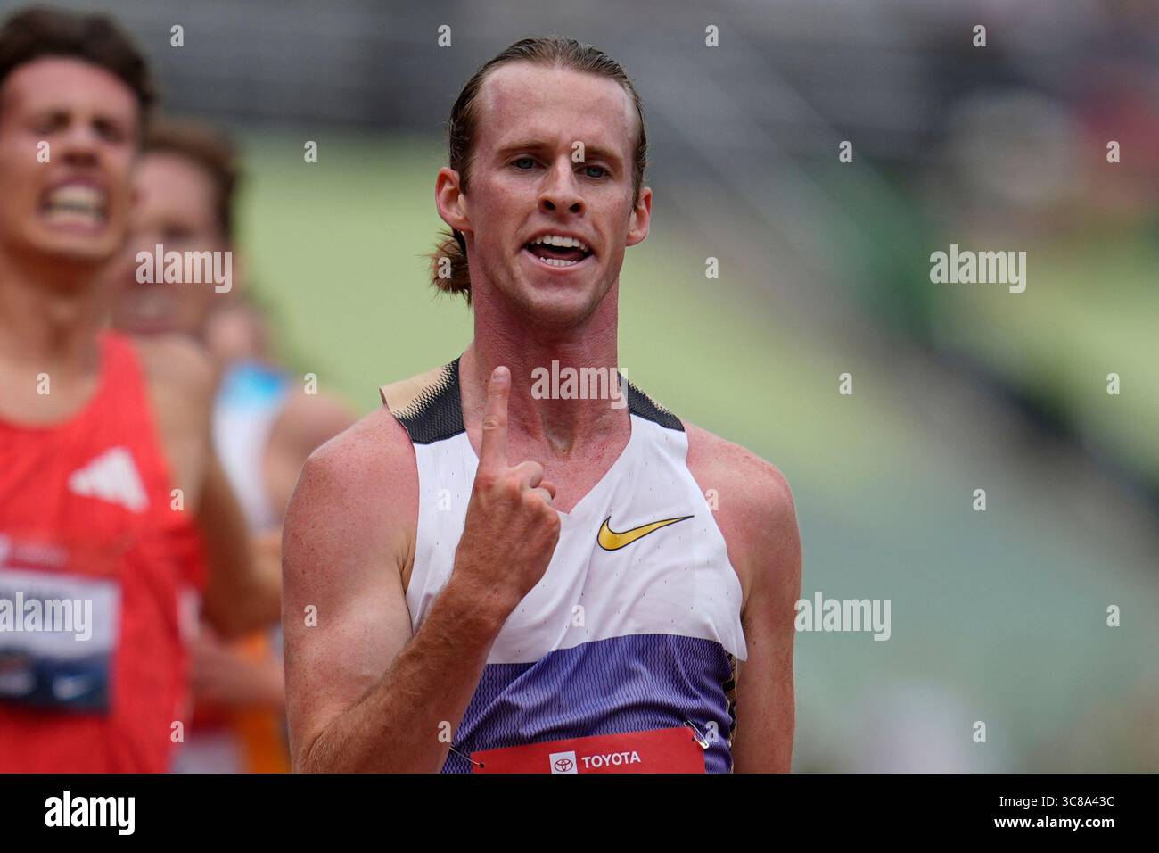 Cole Hocker reacts after winning the men's 5,000-meter final at the U.S ...