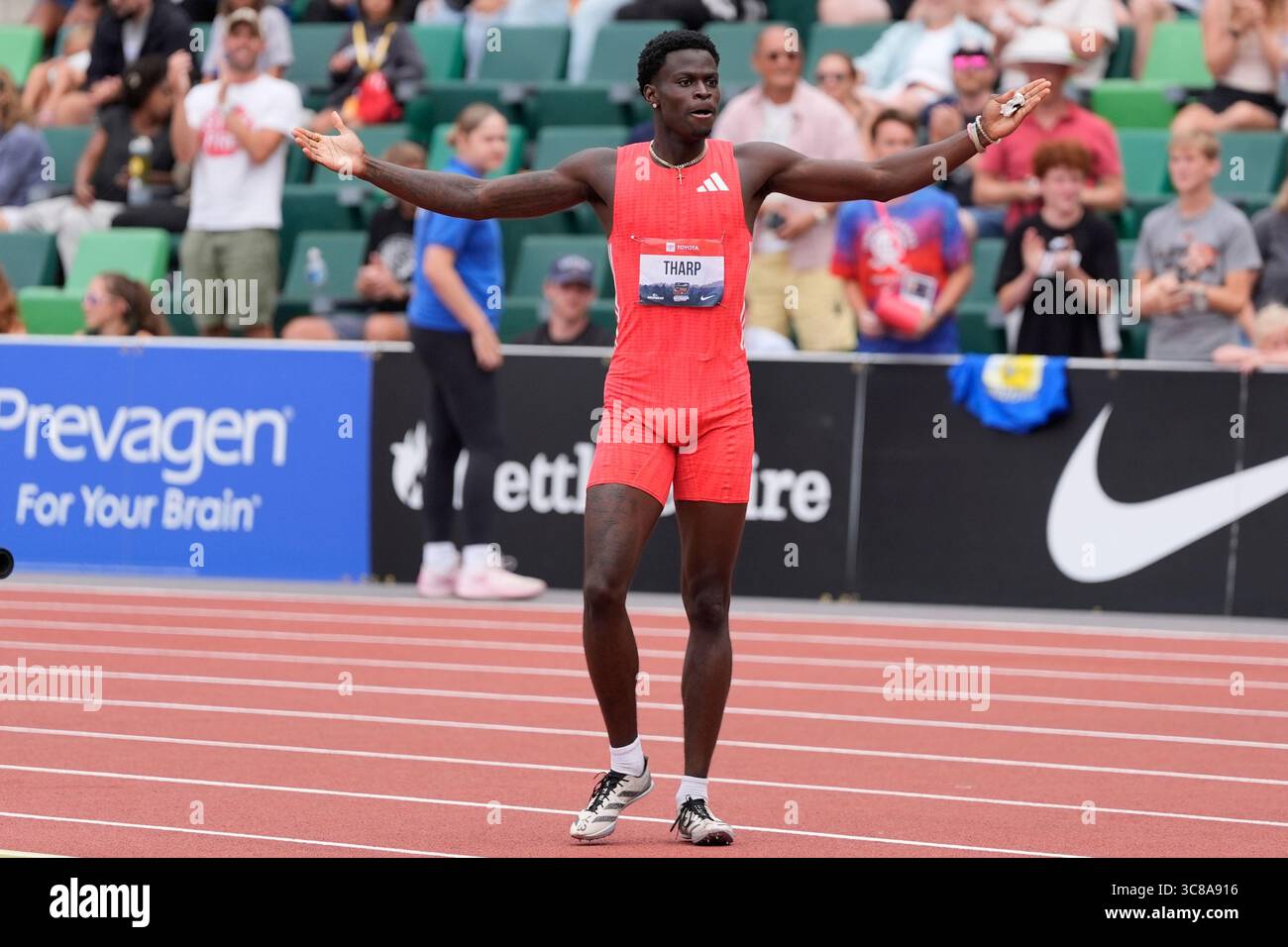 Ja'kobe Tharp reacts after winning the men's 110-meter hurdles finals ...