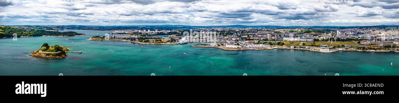 Panorama of Plymouth from drone, Mount Batten Tower, Devon, England ...