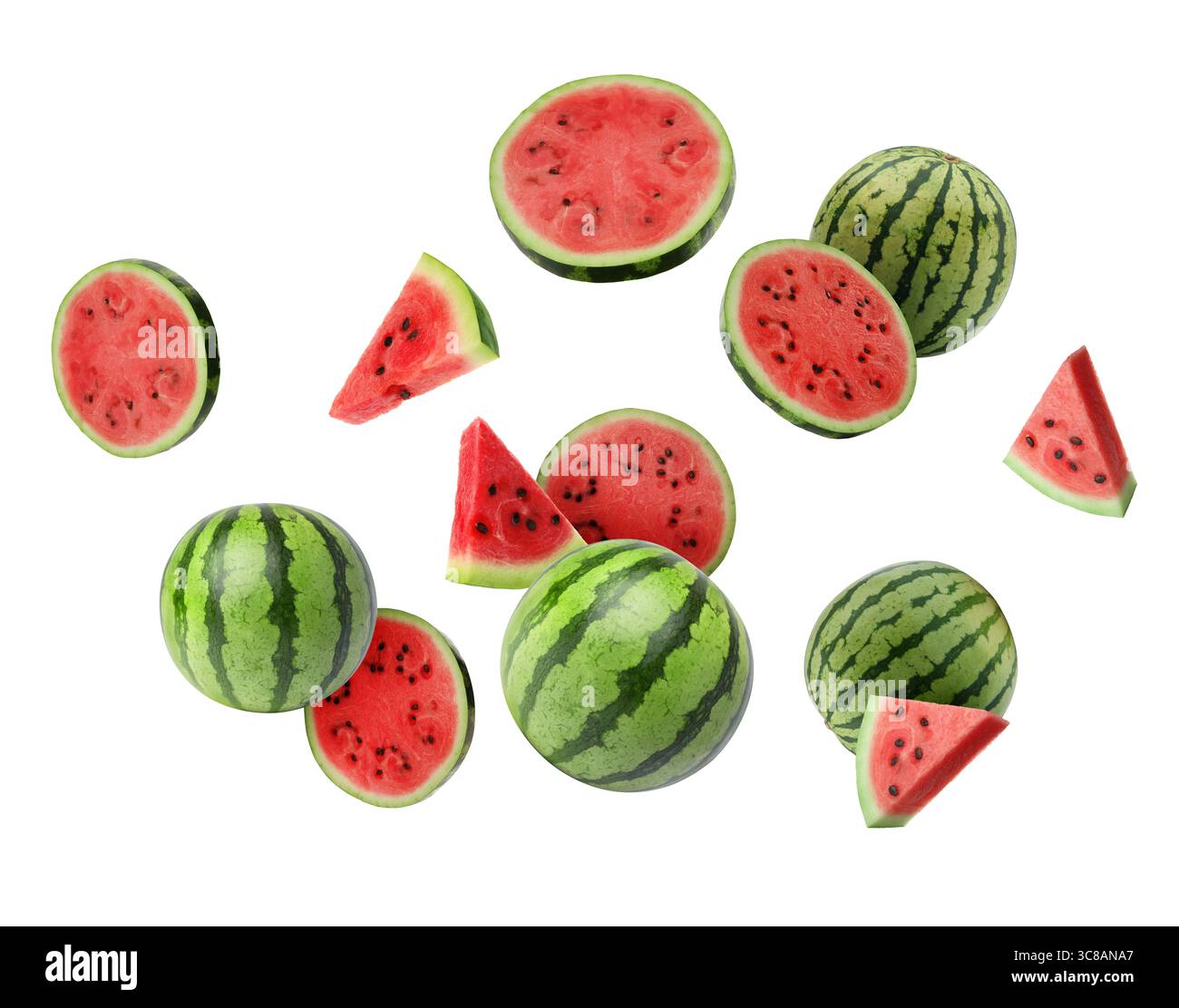 Fresh watermelons in air against white background Stock Photo - Alamy