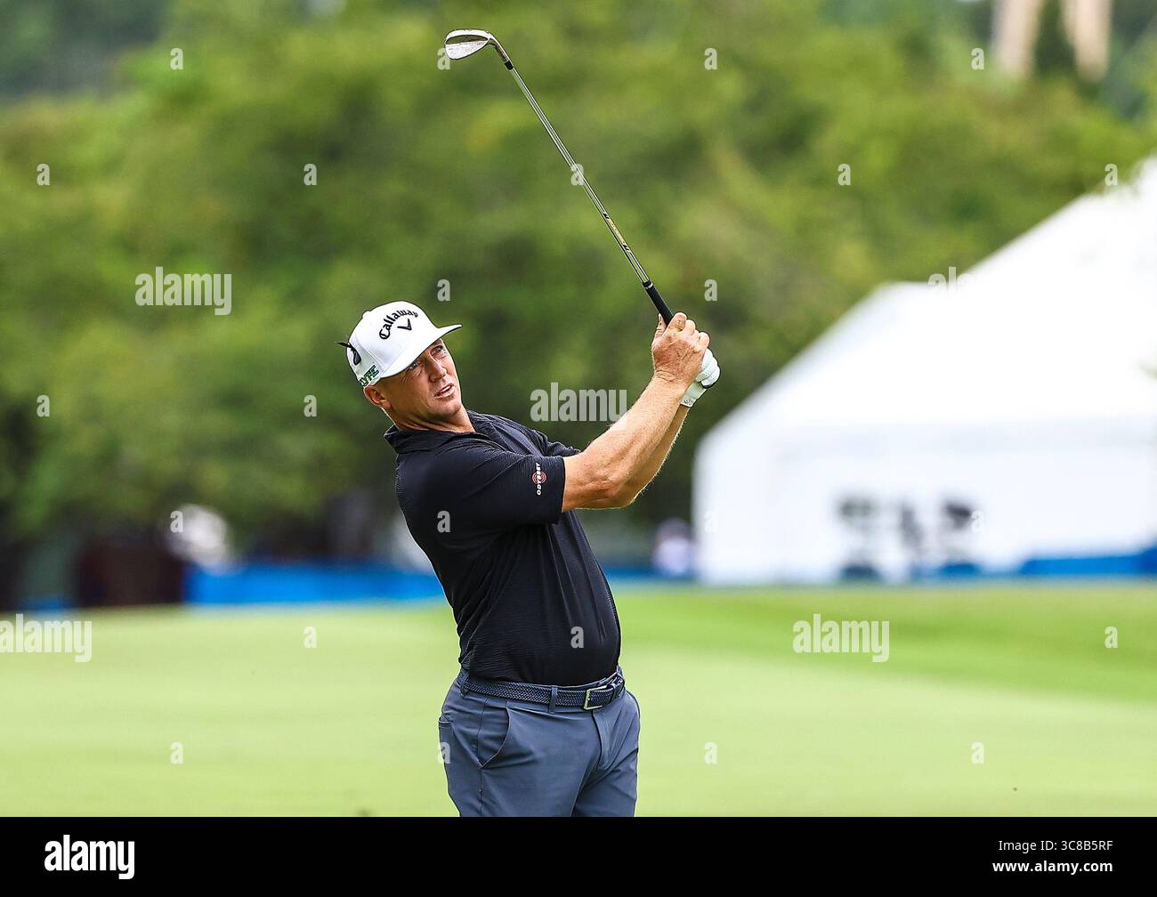 August 3, 2025: Alex Noren hits the ball on the first hole. Fourth round, 2025 Wyndham ...