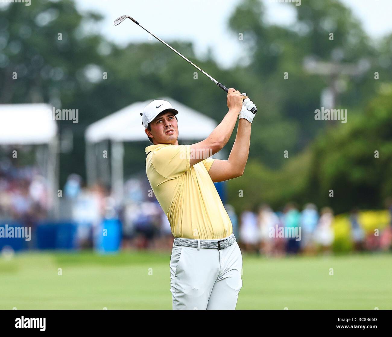 August 3, 2025: Davis Thompson hits ball on first hole. Fourth round ...