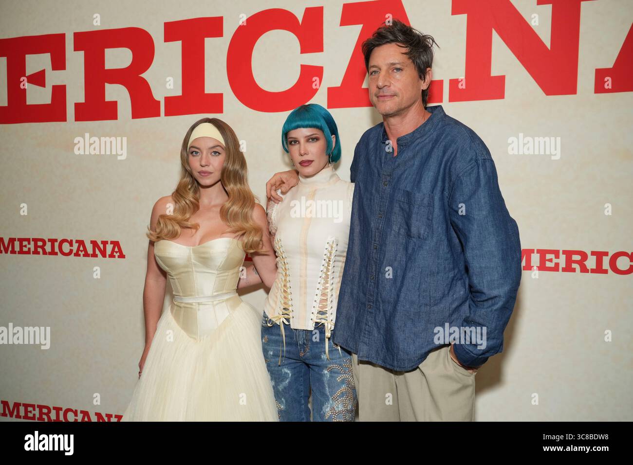 Sydney Sweeney, from left, Halsey, and Simon Rex arrive at a special ...