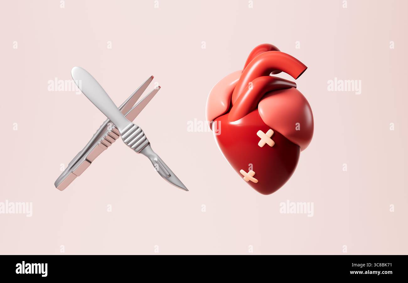 Cartoon human heart and scalpel, scissor and tweezers and so on ...