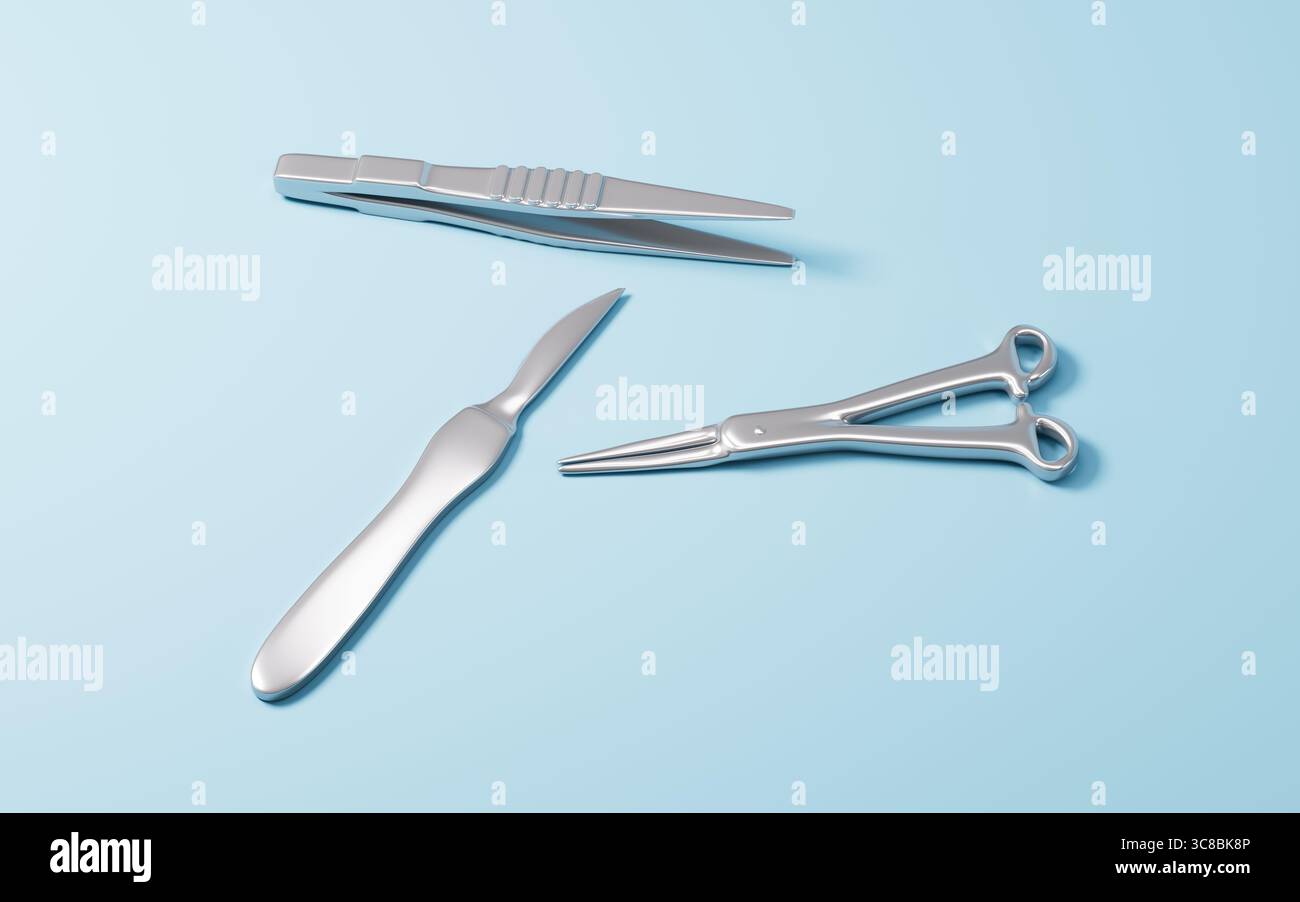 Scalpel, hemostatic forceps and so on surgical tools, 3d rendering. 3d ...
