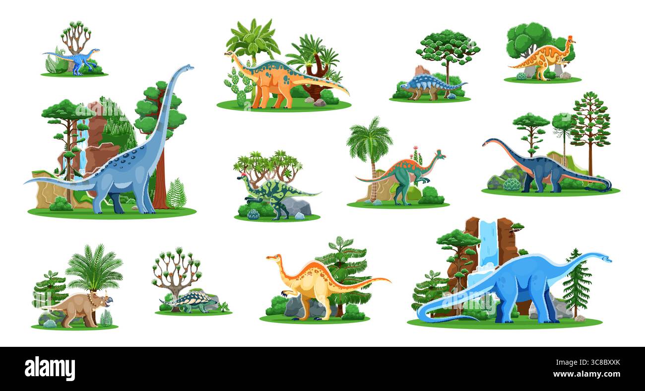 Cute cartoon dinosaurs character set. Vector jurassic dino animals with ...