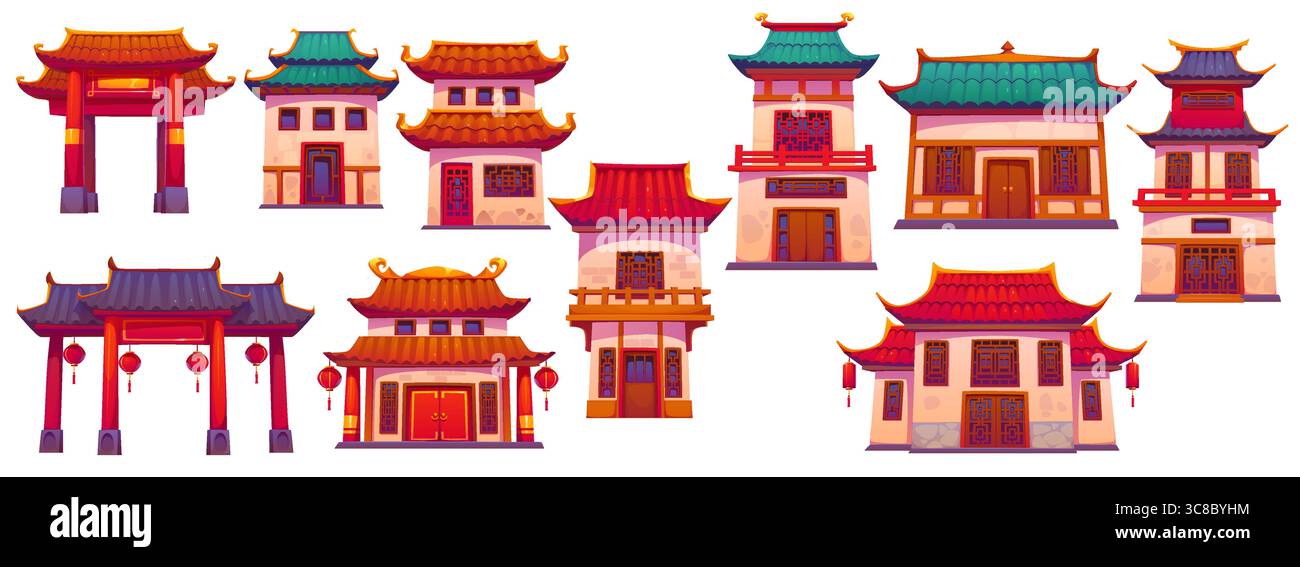 Chinese buildings, China town gates, houses and ancient temples, vector ...