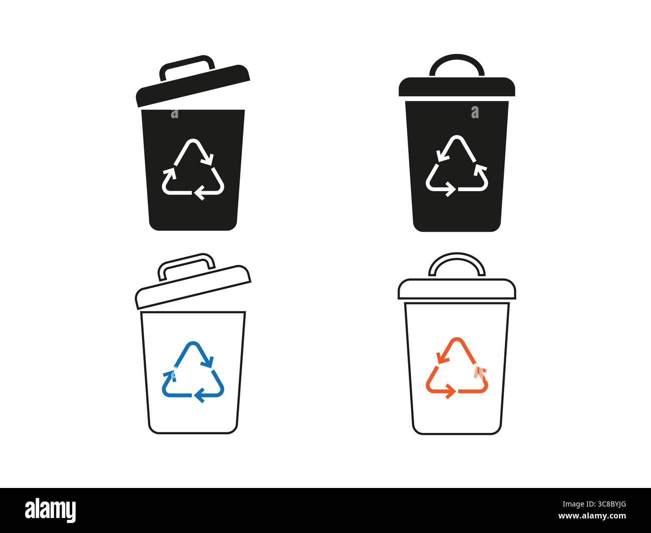 Four Recycling Bins Icons in Black, White, Blue, and Orange Stock ...