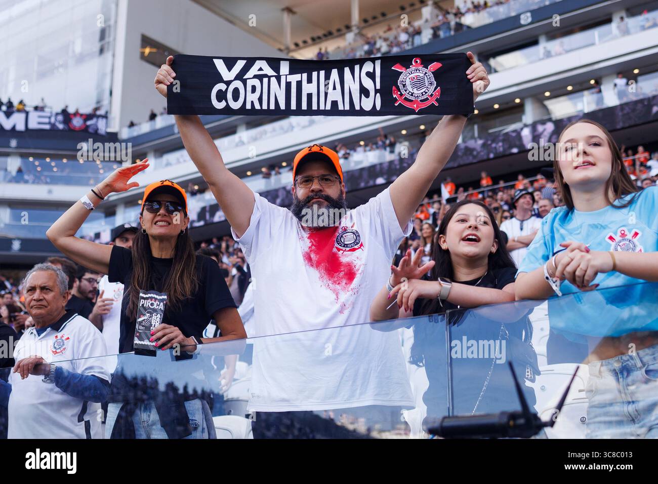 São Paulo, Brazil - August 03: Corinthians supporters having fun prior to the Brasileirão Betano ...