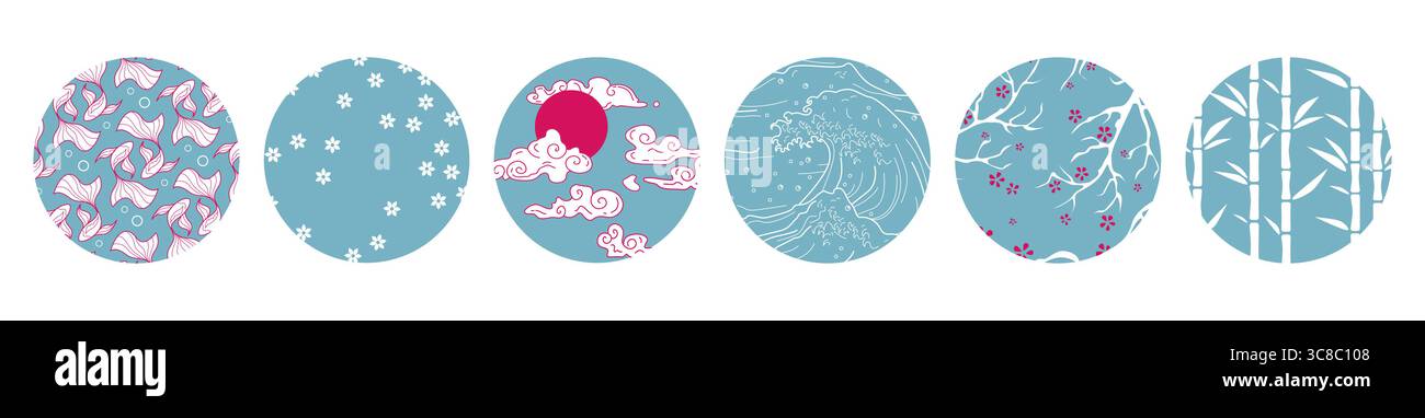 Japanese circle patterns collection - sakura flowers, red sun with ...