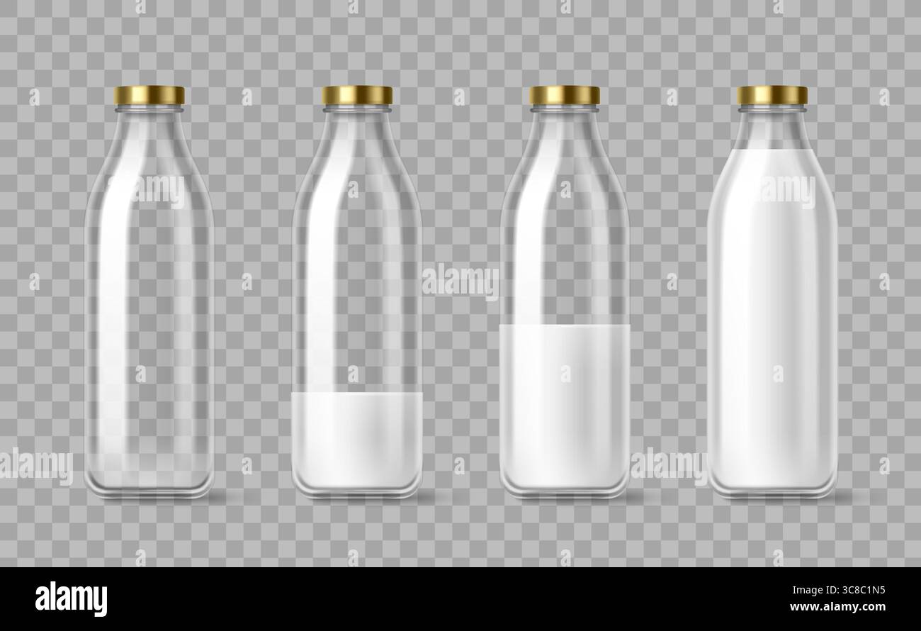 Glass milk bottles with golden caps and different fill levels - empty ...