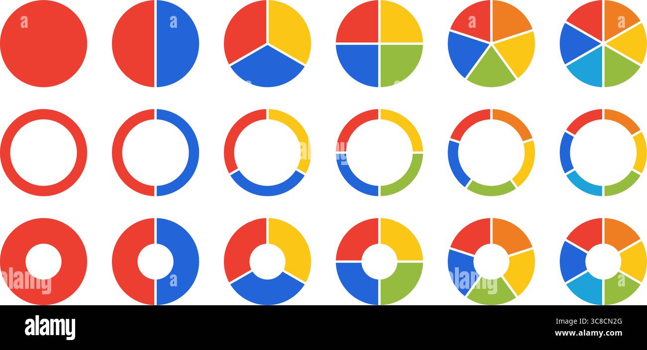 Circle division infographic icon set. Pie chart divided 3,4,5,6 equal ...